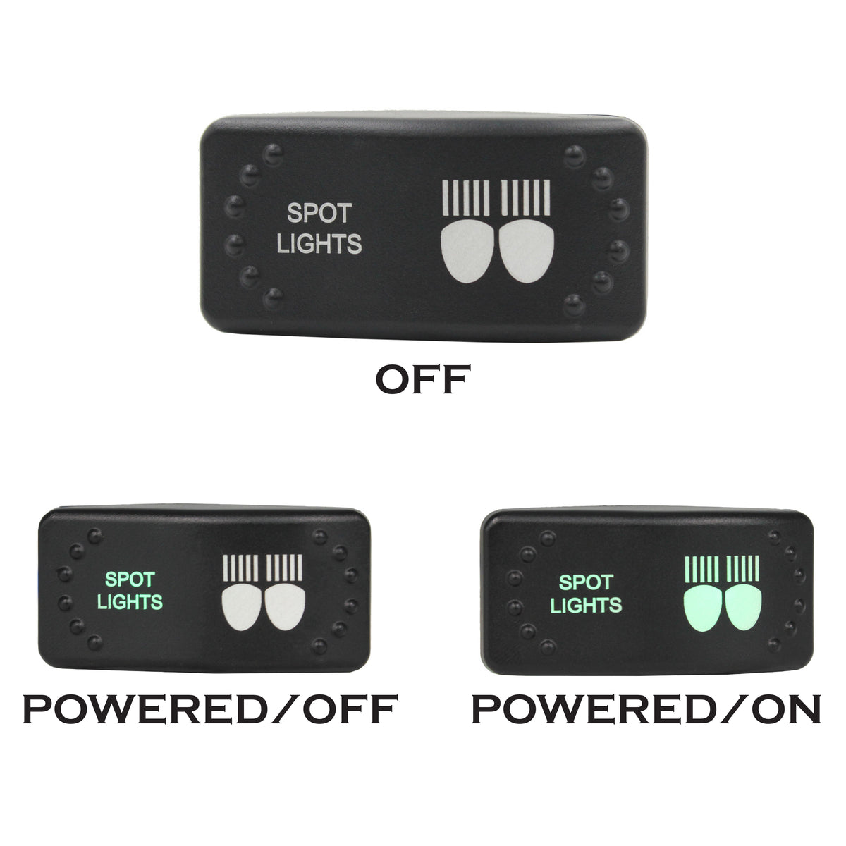 Laser Etched Horizontal Rocker Switch By Switch Boss Green Led
