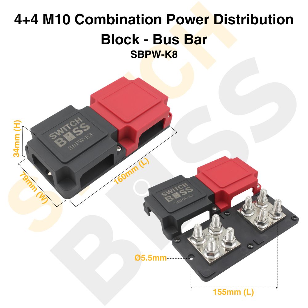 8 Gang M10 Black/Red Power Distribution Block - Bus Bar by Switch Boss