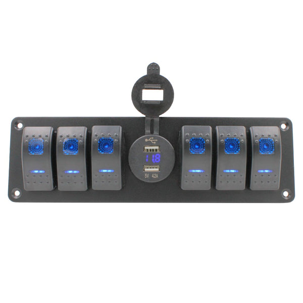 6 Rocker Switch + 4.2A Dual USB Charger with Volt Display by Switch Boss