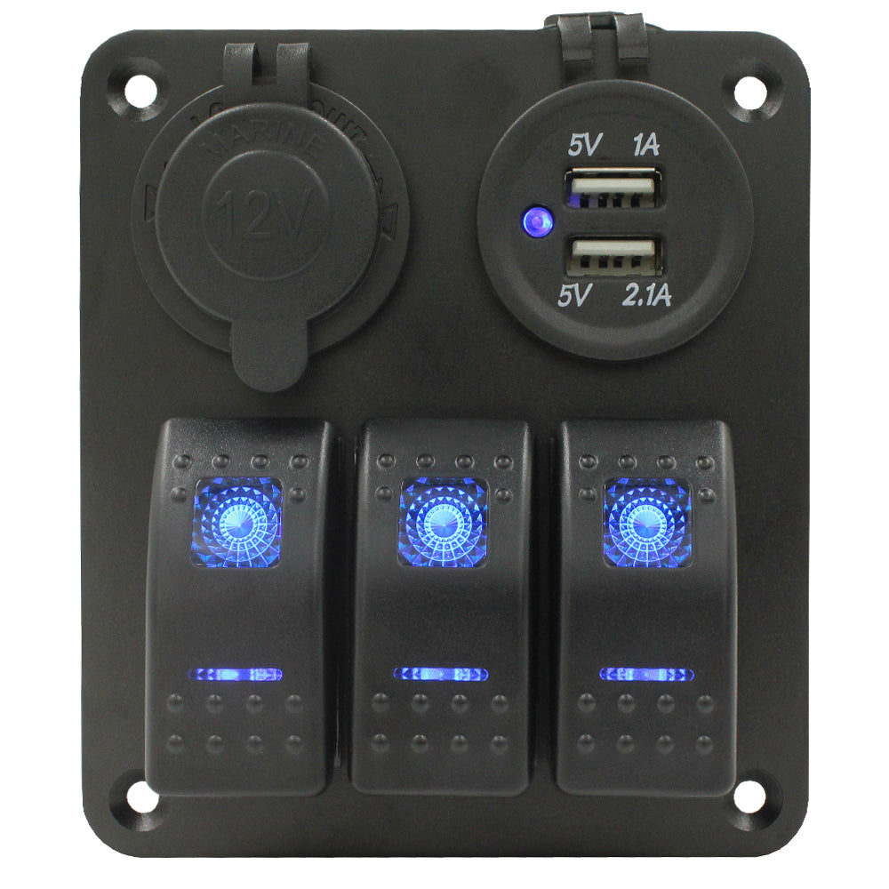 3 Rocker Switch + Cig Socket + 3.1A Dual USB Panel by Switch Boss