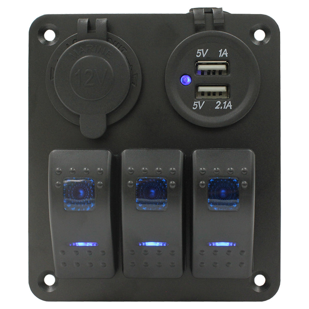 3 Rocker Switch + Cig Socket + 3.1A Dual USB Panel by Switch Boss