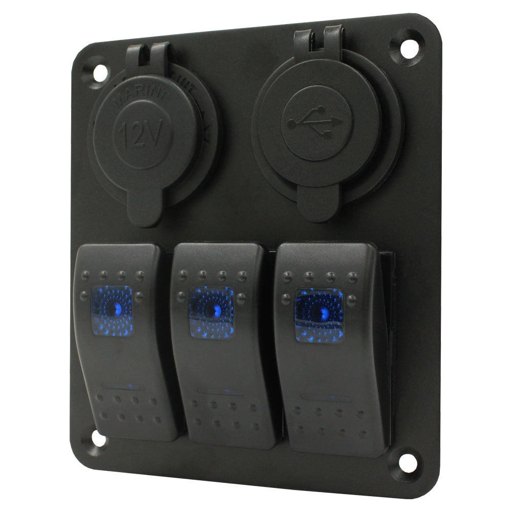 3 Rocker Switch + Cig Socket + 3.1A Dual USB Panel by Switch Boss